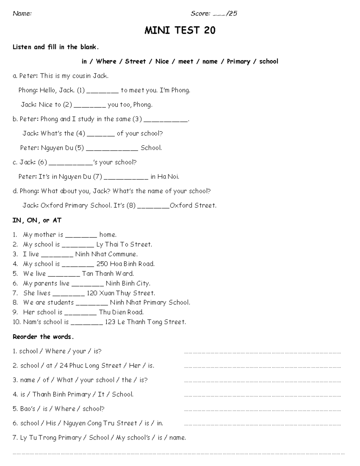 MINI TEST 20 - No description - Name: Score: ........./ MINI TEST 20 ...