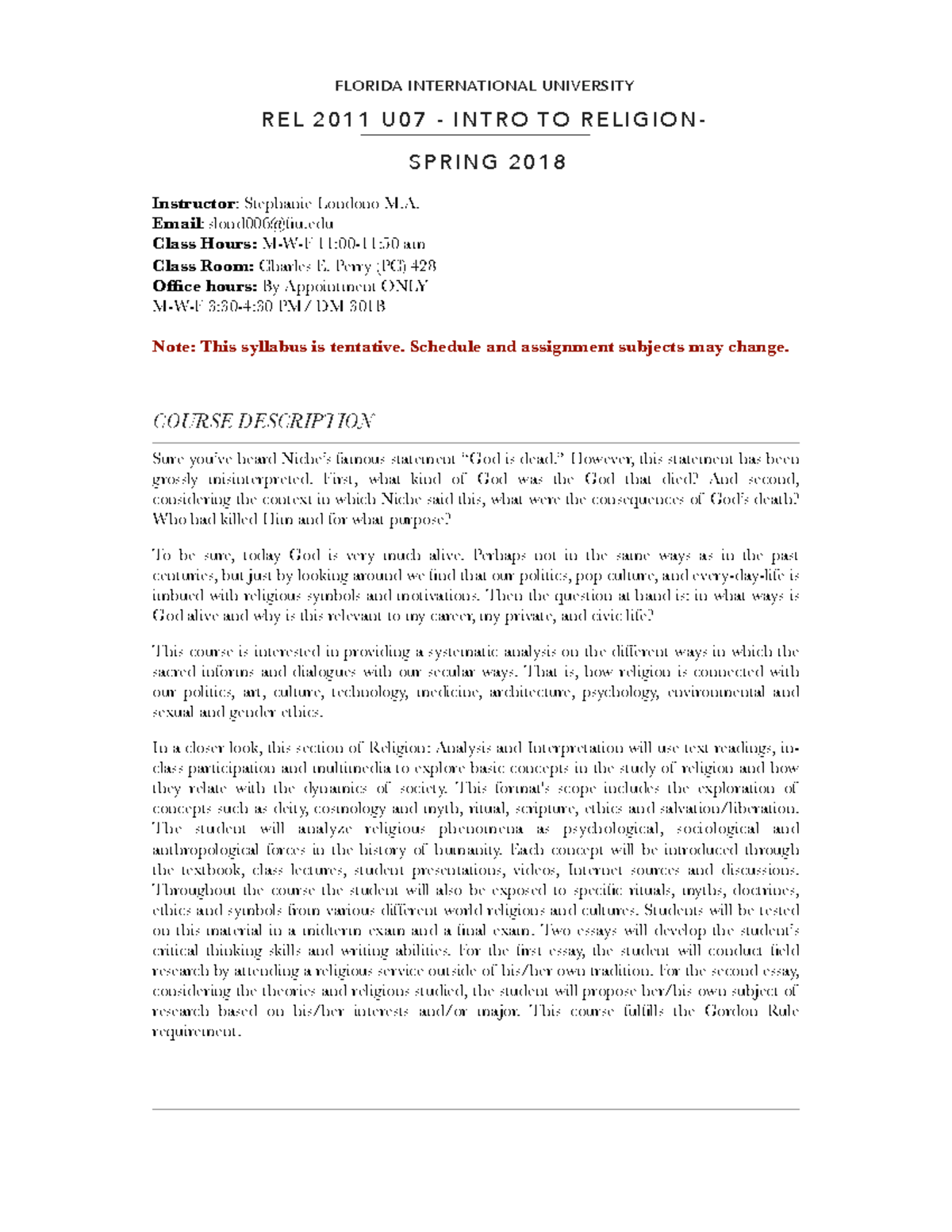 Syllabus - REL 2011 - Instructor : Stephanie Londono M. Email ...