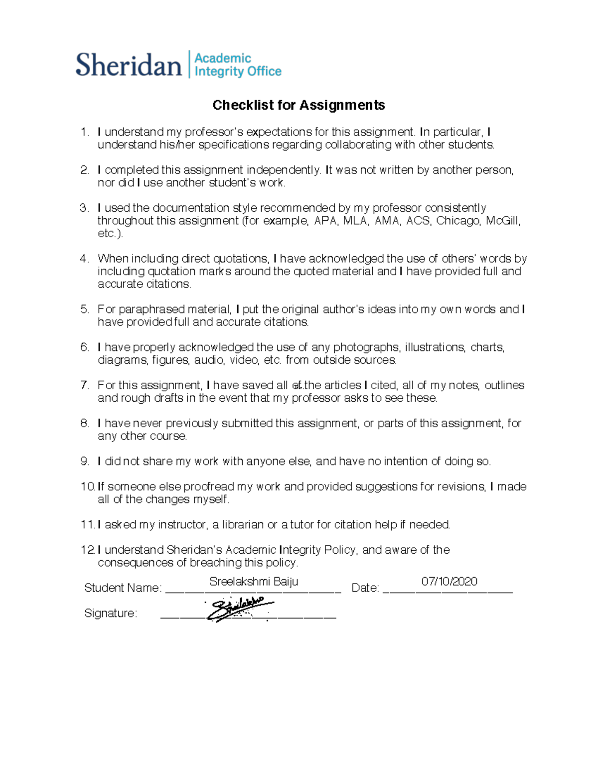 Checklist for Assignments - In particular, I understand his/her ...