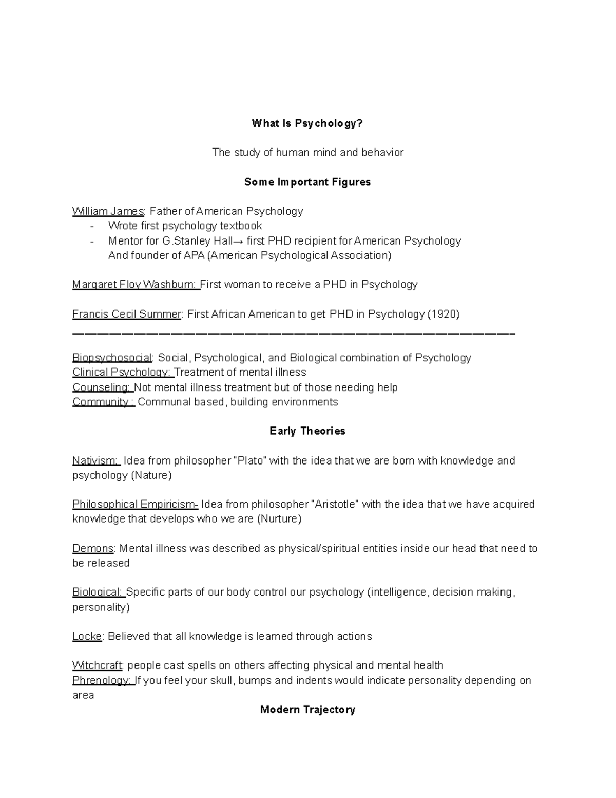 Unit 1-Psych - Unit 1 psych notes - What Is Psychology? The study of ...