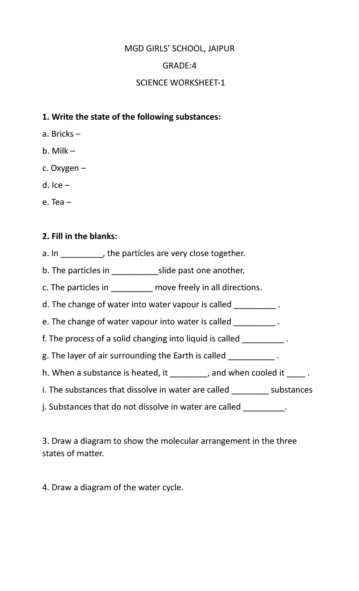 Science Worksheet 1 - best - MGD GIRLS’ SCHOOL, JAIPUR GRADE: SCIENCE ...