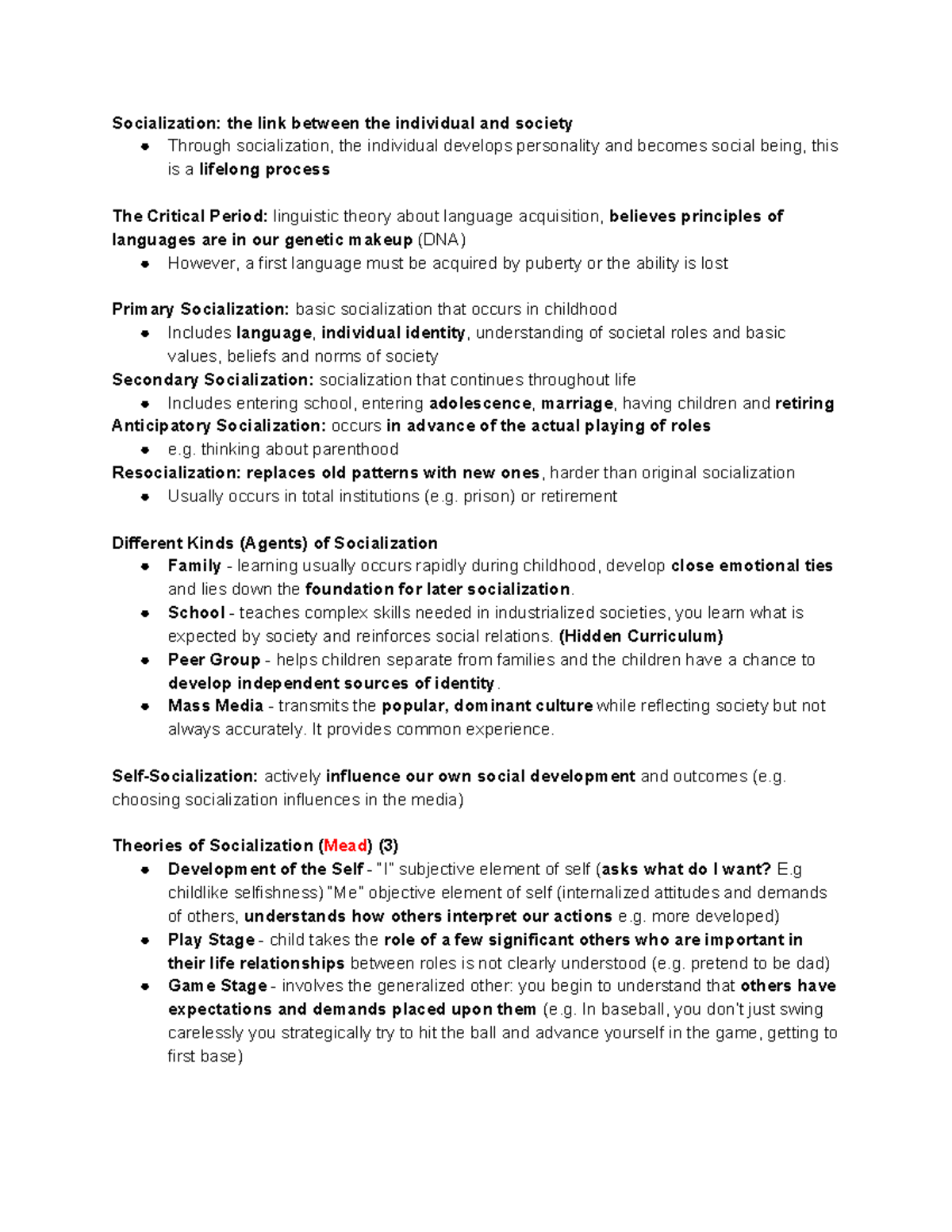 Sociology Study Notes Before Midterm (Social Processes) - Socialization ...