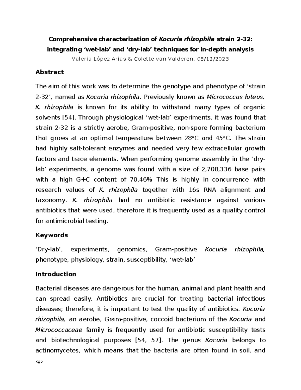 Report ibiosystems Kocuria rhizophila - Comprehensive characterization ...