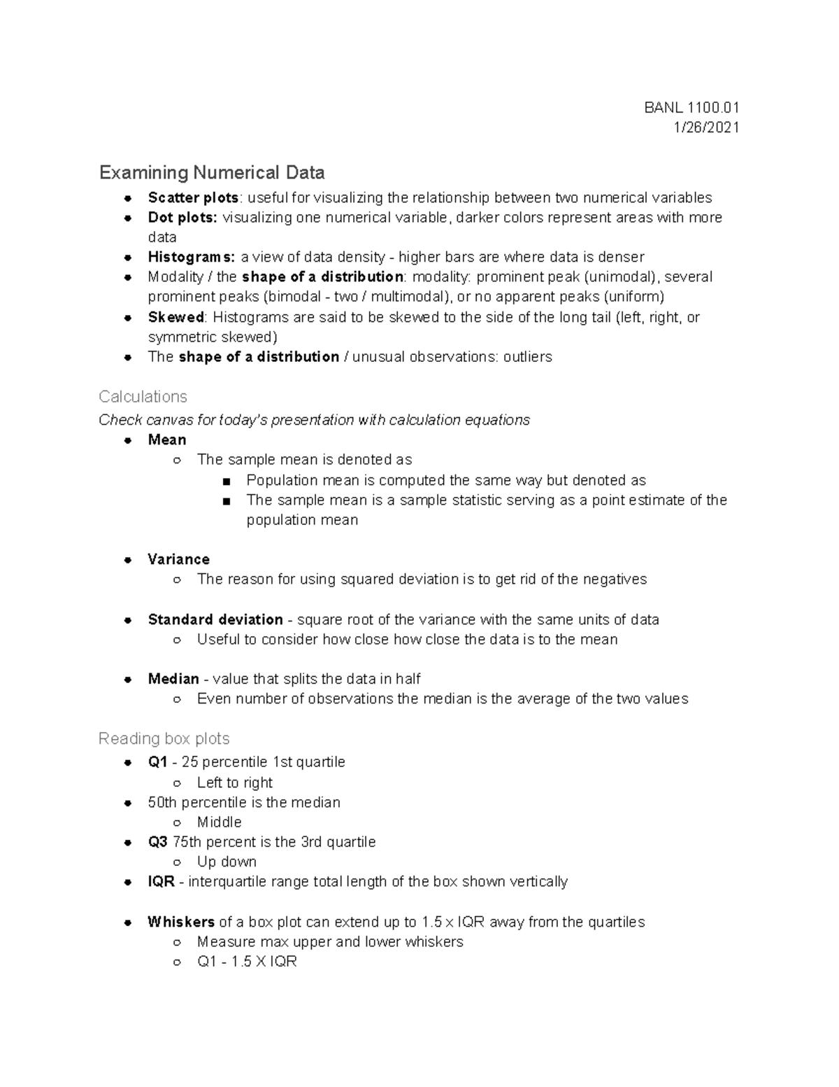 1 26 Examining Numerical Data - BANL 1100. 1/26/ Examining Numerical Data Scatter plots : useful ...