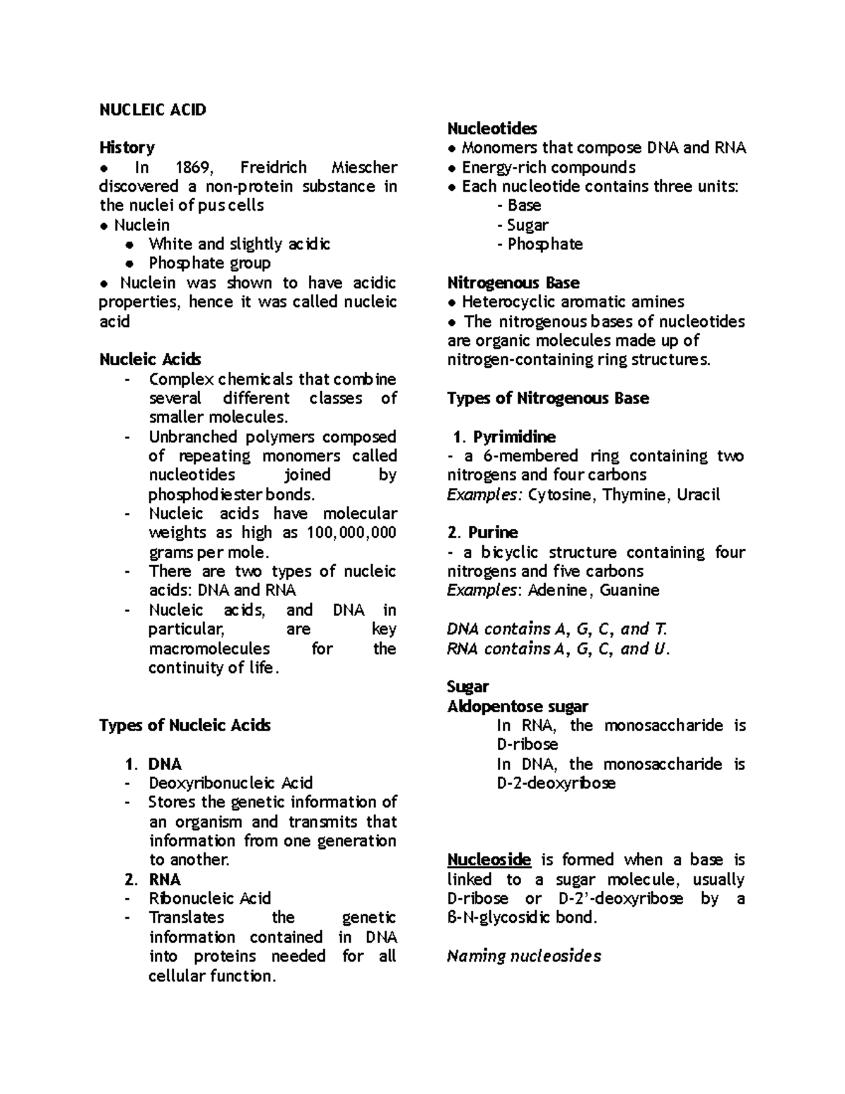 Nucleic Acids - NUCLEIC ACID History In 1869, Freidrich Miescher ...