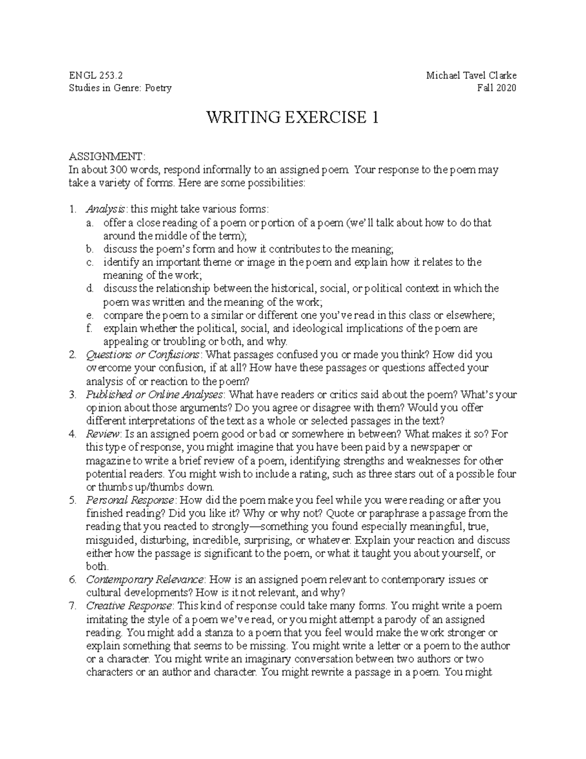 Writing Exercise 1 - ENGL 253 Michael Tavel Clarke Studies in Genre ...