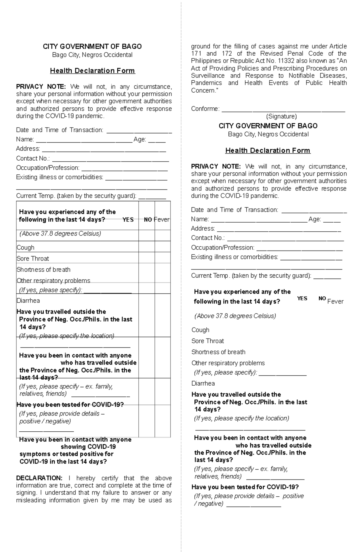 Bago Health Declaration Form - CITY GOVERNMENT OF BAGO Bago City ...