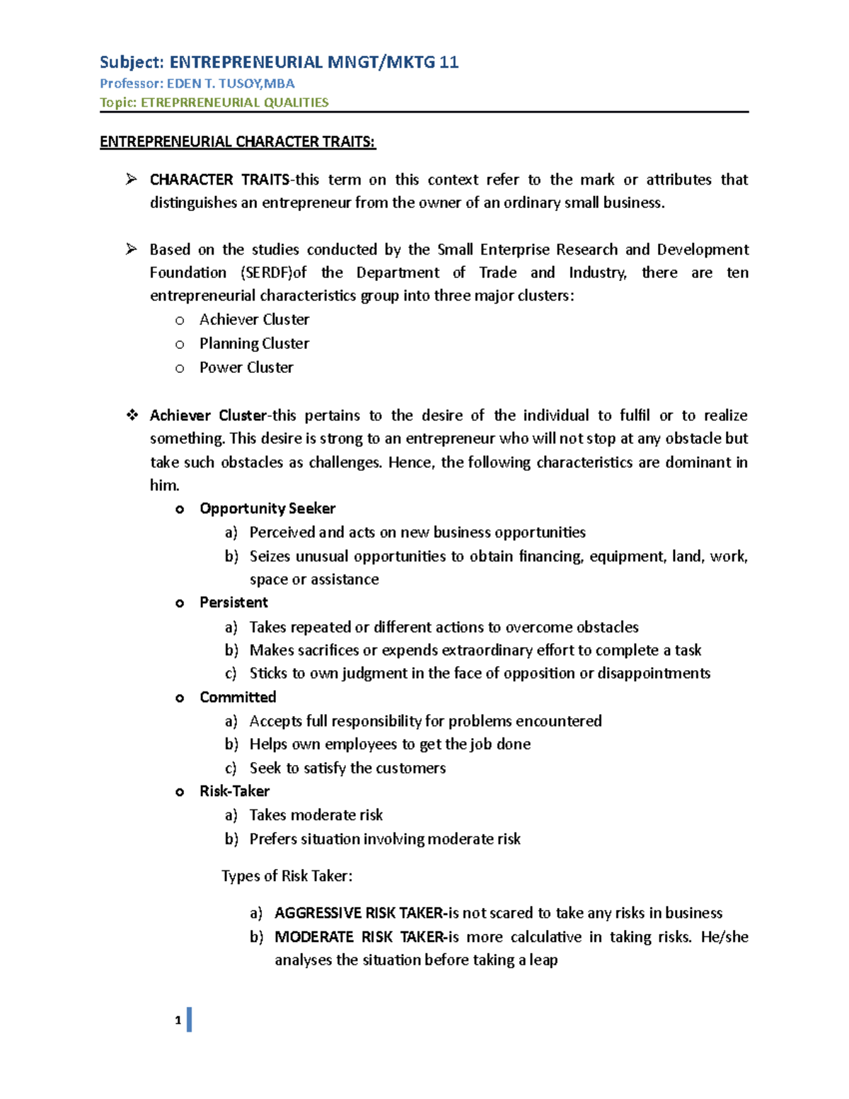 Entrep charactertraits 2 - Subject: ENTREPRENEURIAL MNGT/MKTG 11 ...