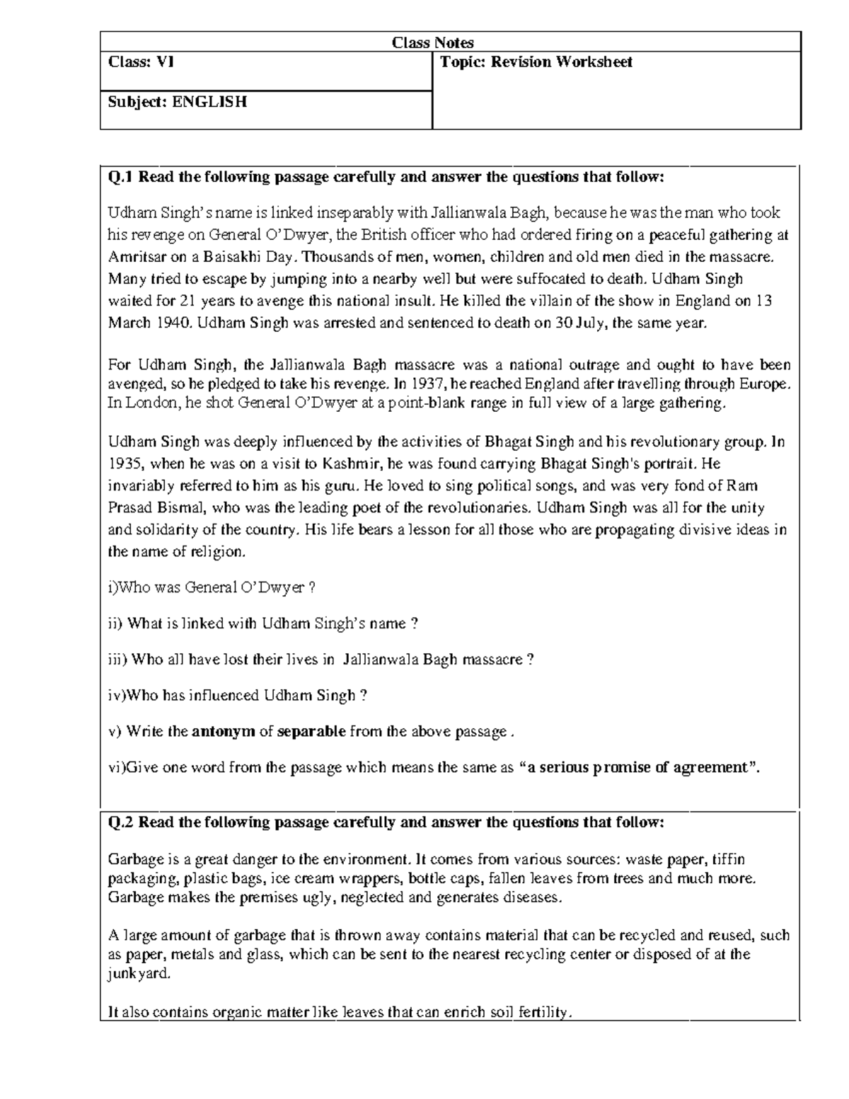 6-English - eng - Class Notes Class: VI Topic: Revision Worksheet ...