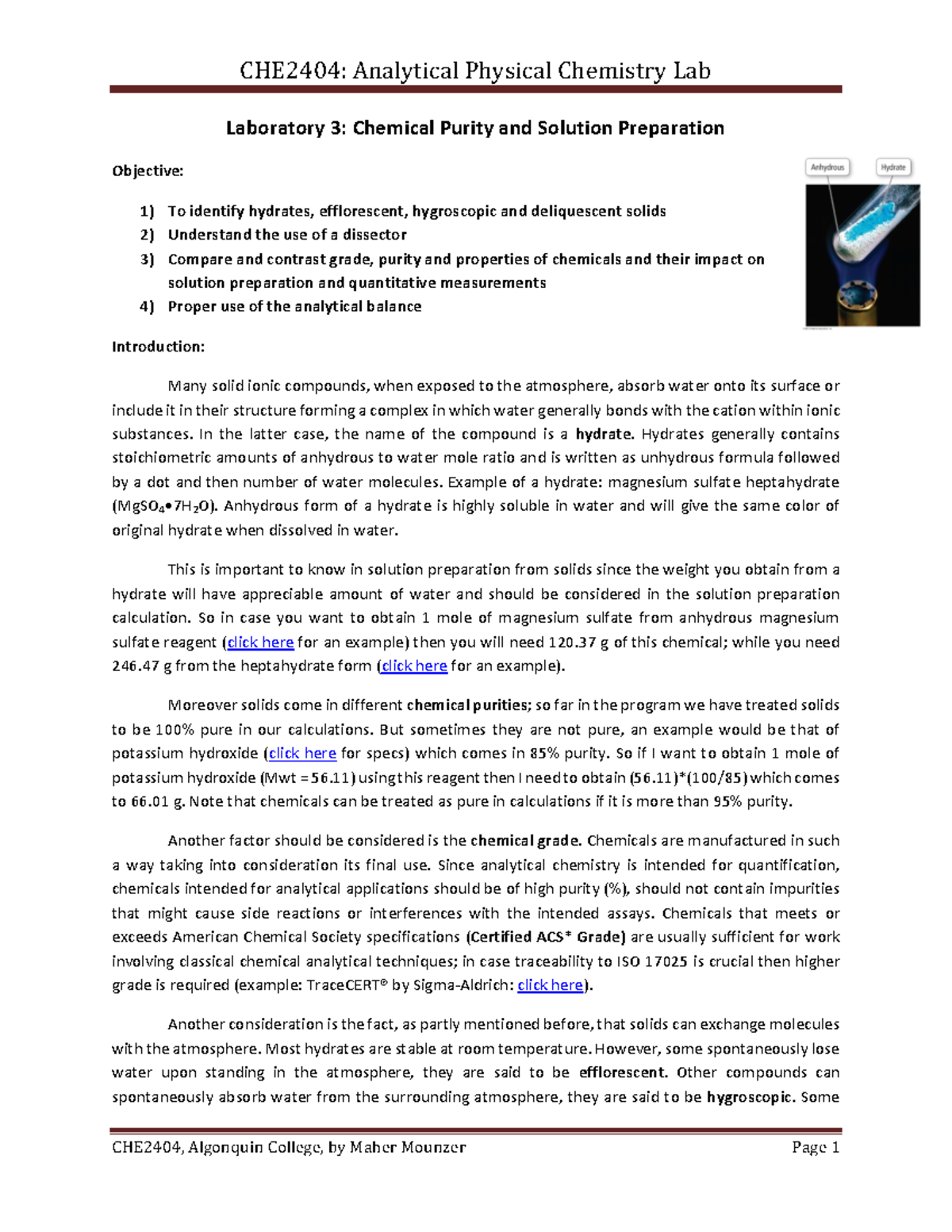 Lab 3 Chemical Purity and Solution Preparation - Laboratory 3 ...