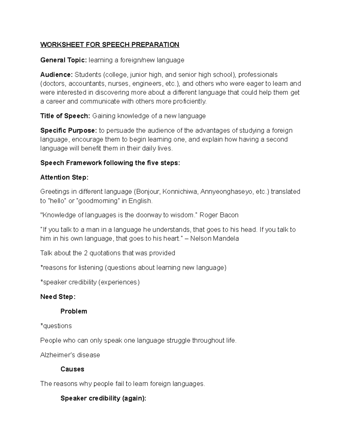 Short draft outline - communications speech - WORKSHEET FOR SPEECH ...