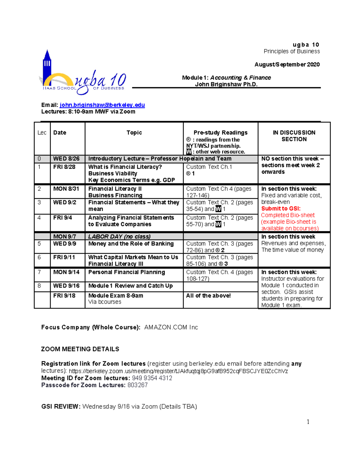 UGBA 10 - Fall 2020 - Accounting & Finance Syllabus - 1 ugba 10 ...
