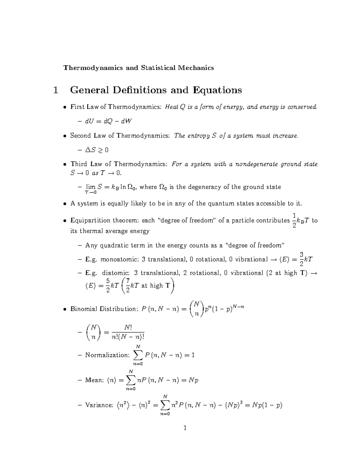 Thermal Cheat Sheet - Thermodynamics and Statistical Mechanics 1 ...