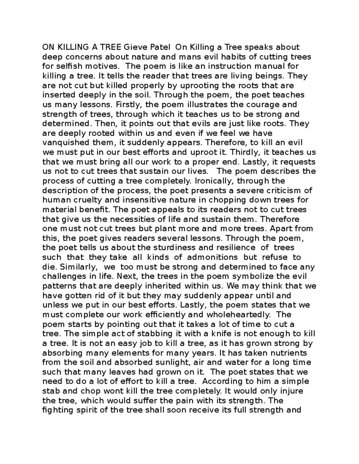 ON Killing A TREE Gieve Patel - ON KILLING A TREE Gieve Patel On ...