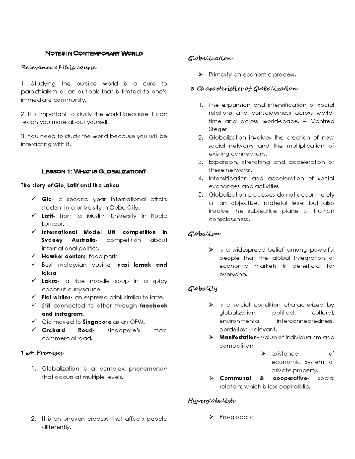 Contemporary World - Notes 1 - Notes in Contemporary World Relevance of ...