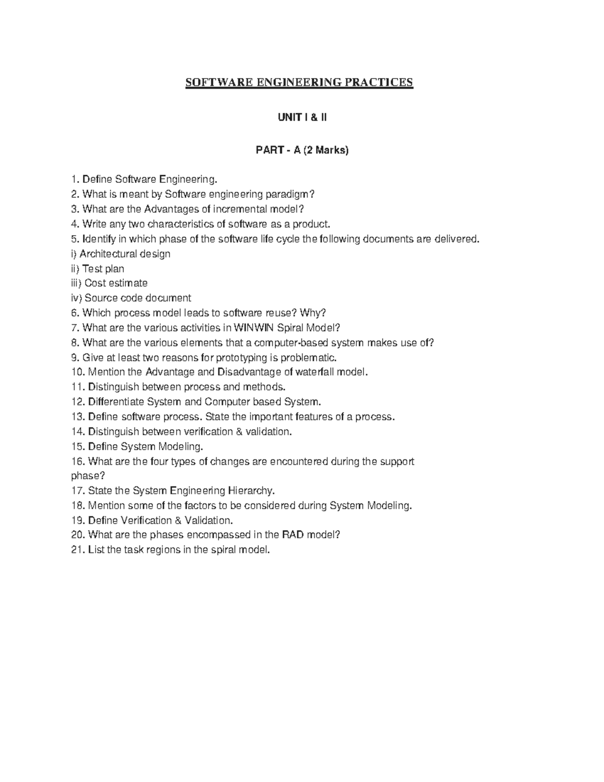 Decap 437- Software Eng. Pract - SOFTWARE ENGINEERING PRACTICES UNIT I & II PART - A (2 Marks ...