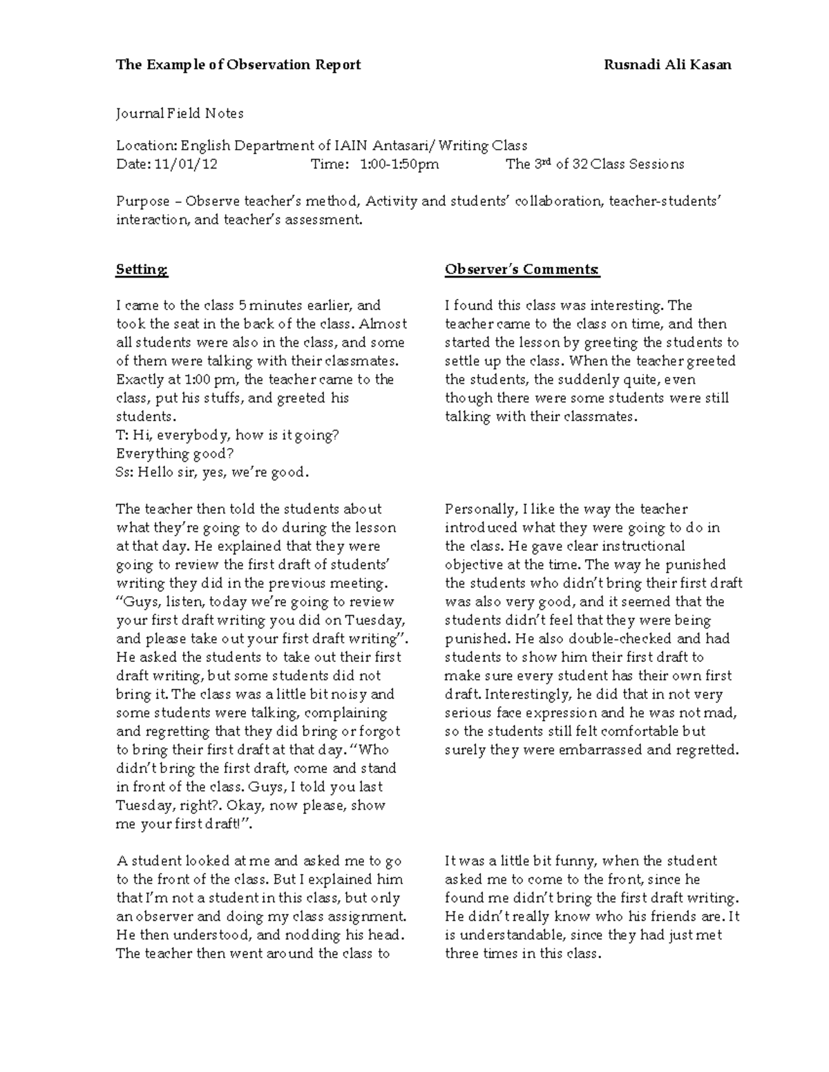 The Example of Observation Report - Journal Field Notes Location ...