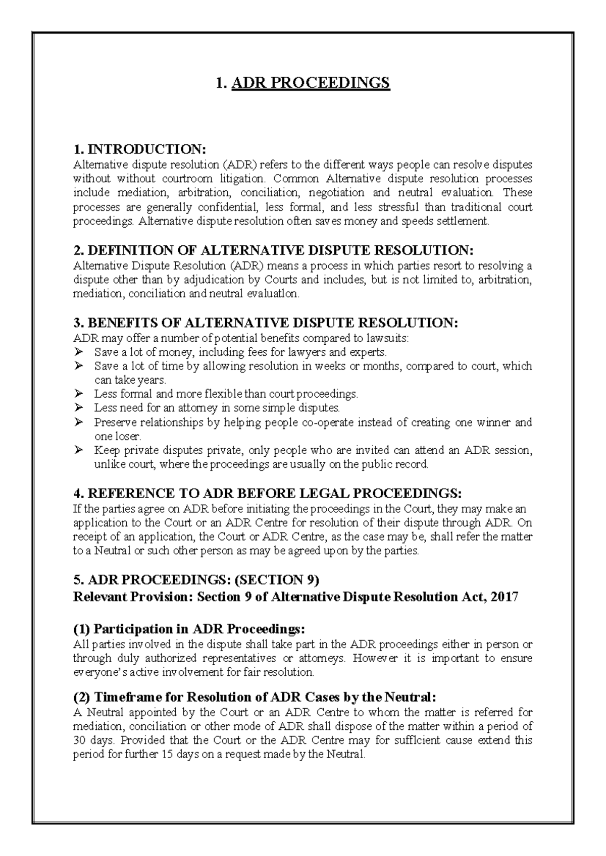 Alternate Dispute Resolution - 1. ADR PROCEEDINGS 1. INTRODUCTION: Alternative dispute ...