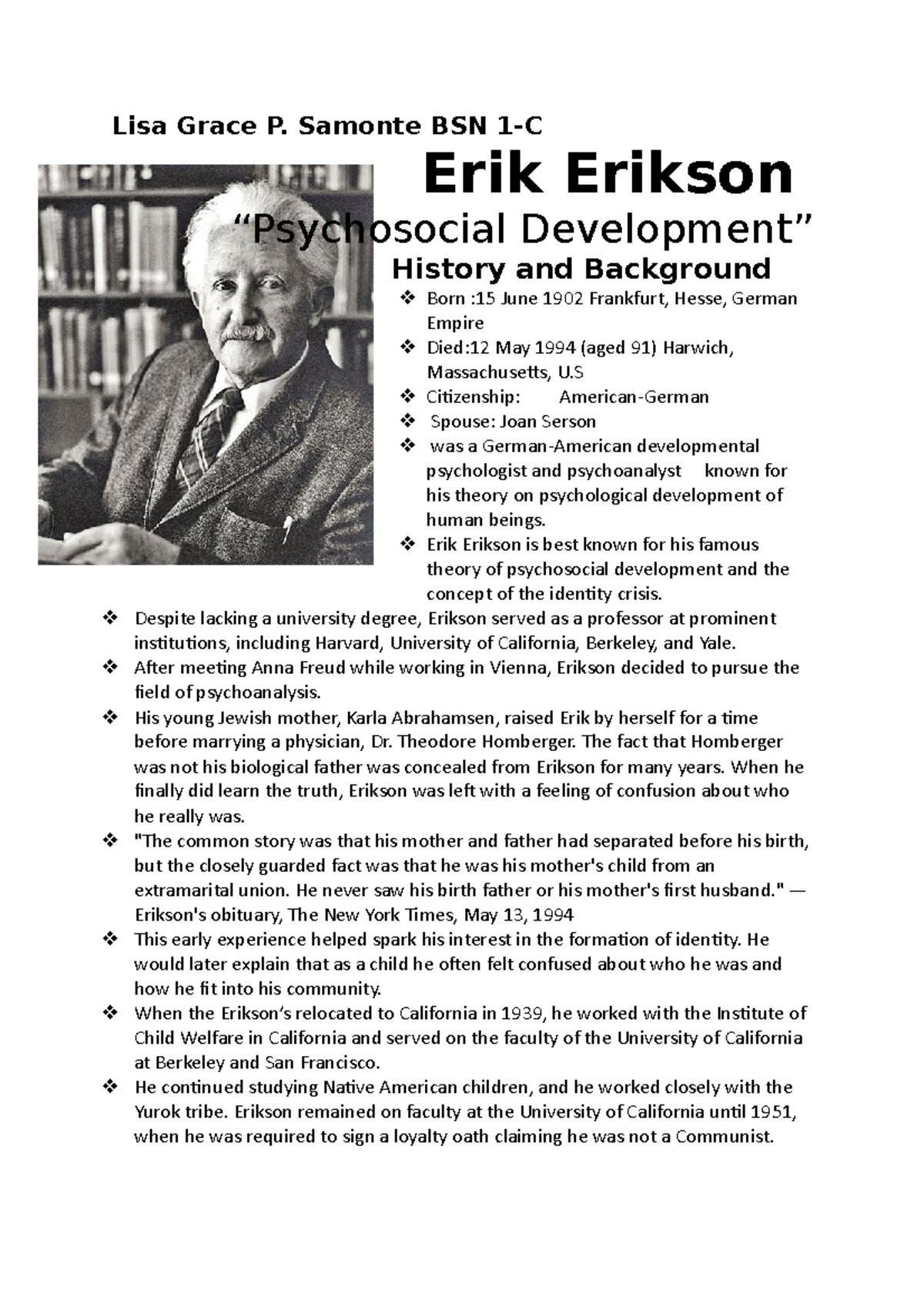 Lisa erik - gbdsvfewgds - Lisa Grace P. Samonte BSN 1-C Erik Erikson “Psychosocial Development ...