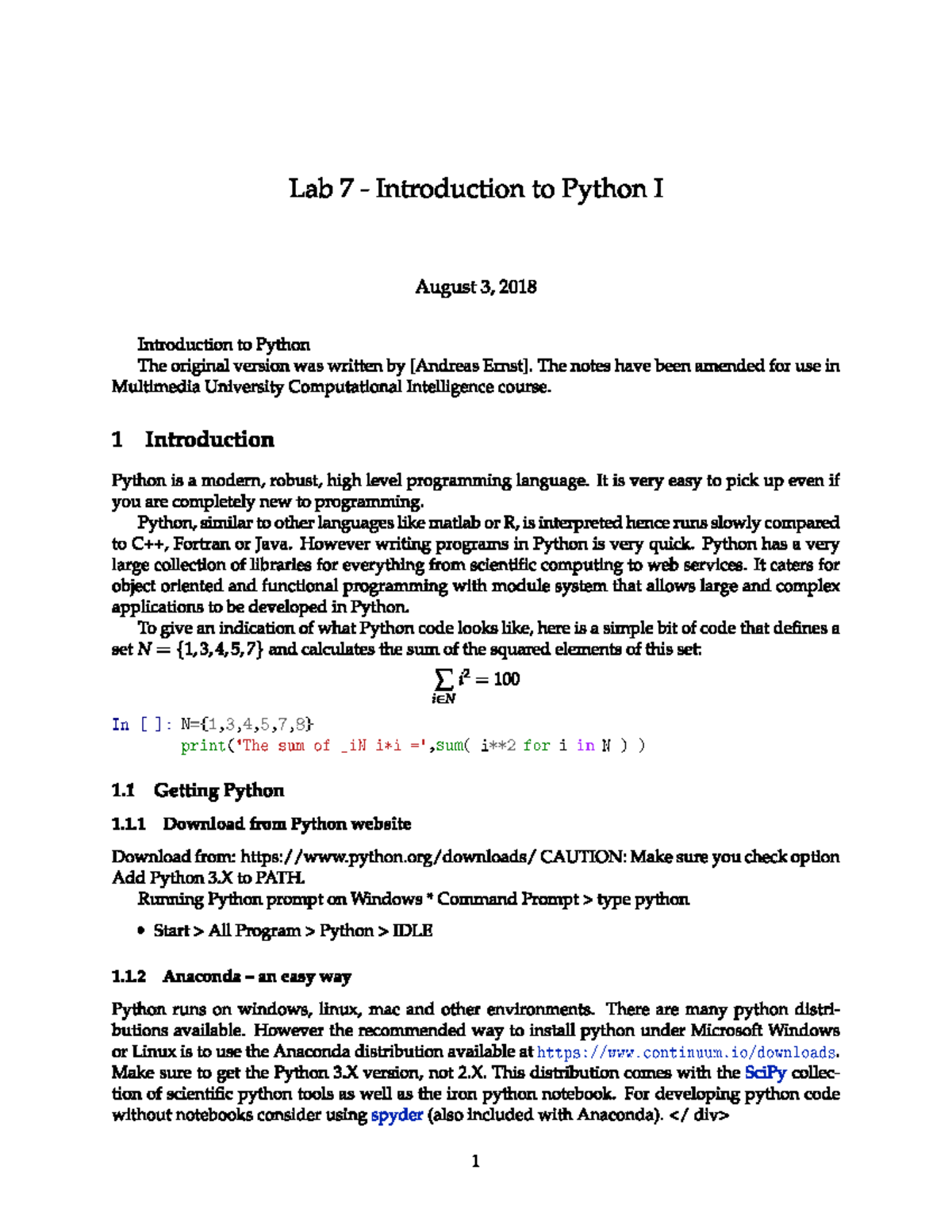 225775 Lab 7 - Introduction to Python I - Lab 7 Introduction to Python ...