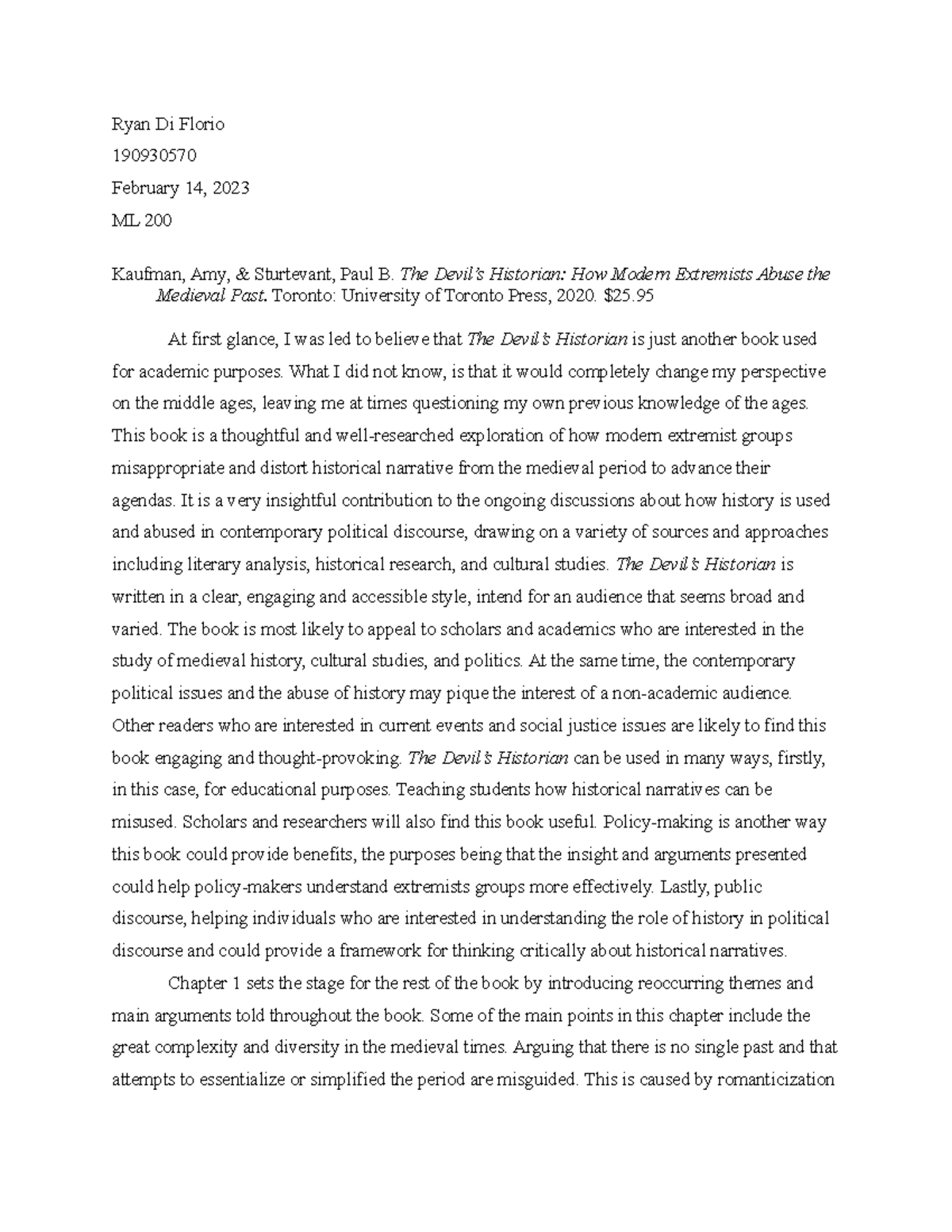 ML 200 - Book Review - Ryan Di Florio 190930570 February 14, 2023 ML ...