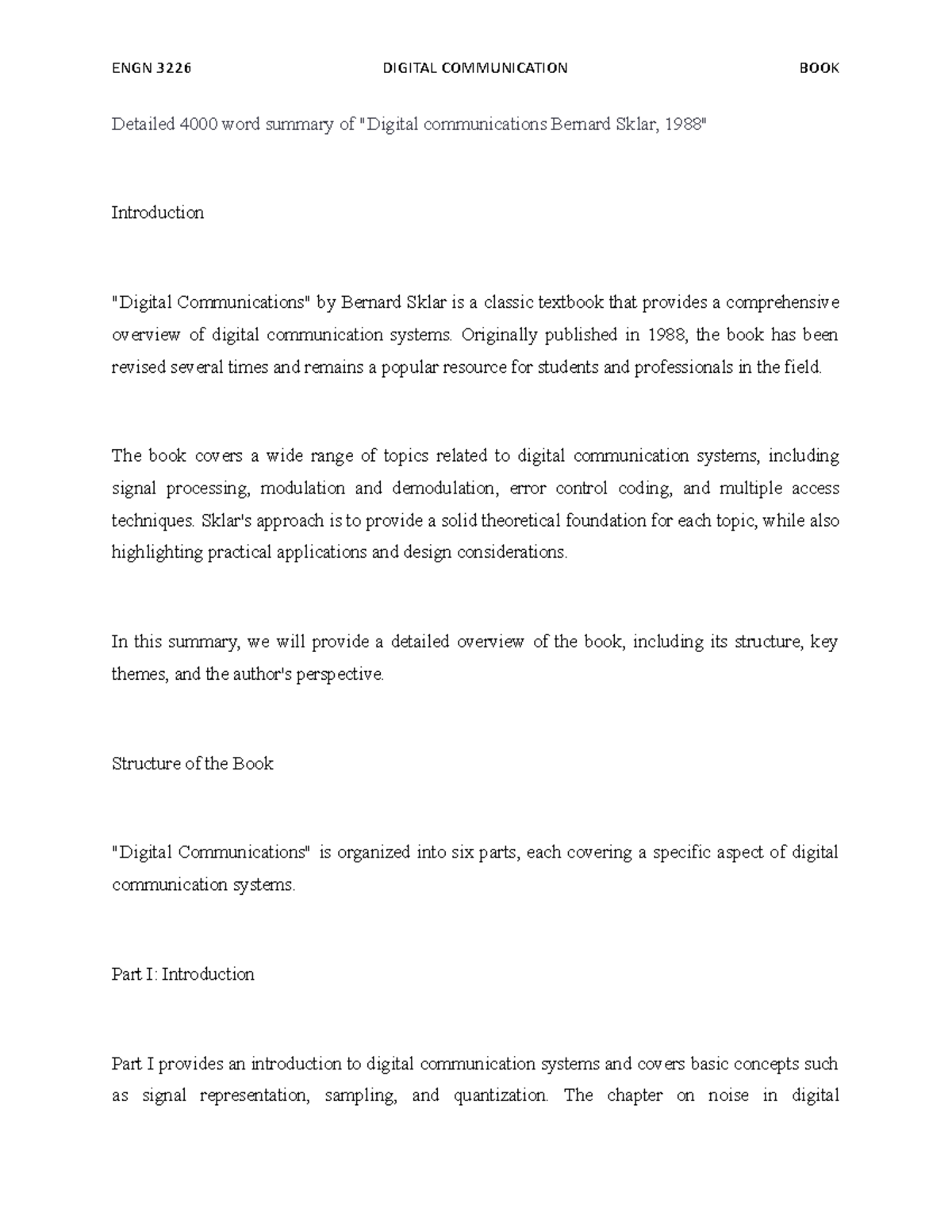 Detailed summary of Digital communications Bernard Sklar 1988 ...