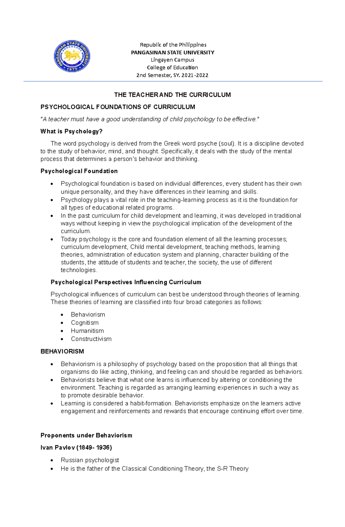 Behaviorism (buttercup) - Republic of the Philippines PANGASINAN STATE ...