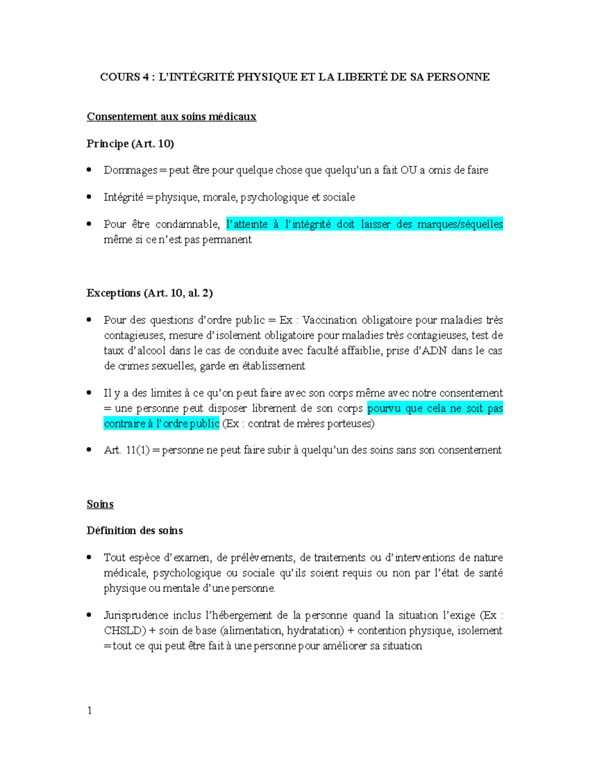Cours 4 - Notes de cours - COURS 4 : L’INTÉGRITÉ PHYSIQUE ET LA LIBERTÉ ...