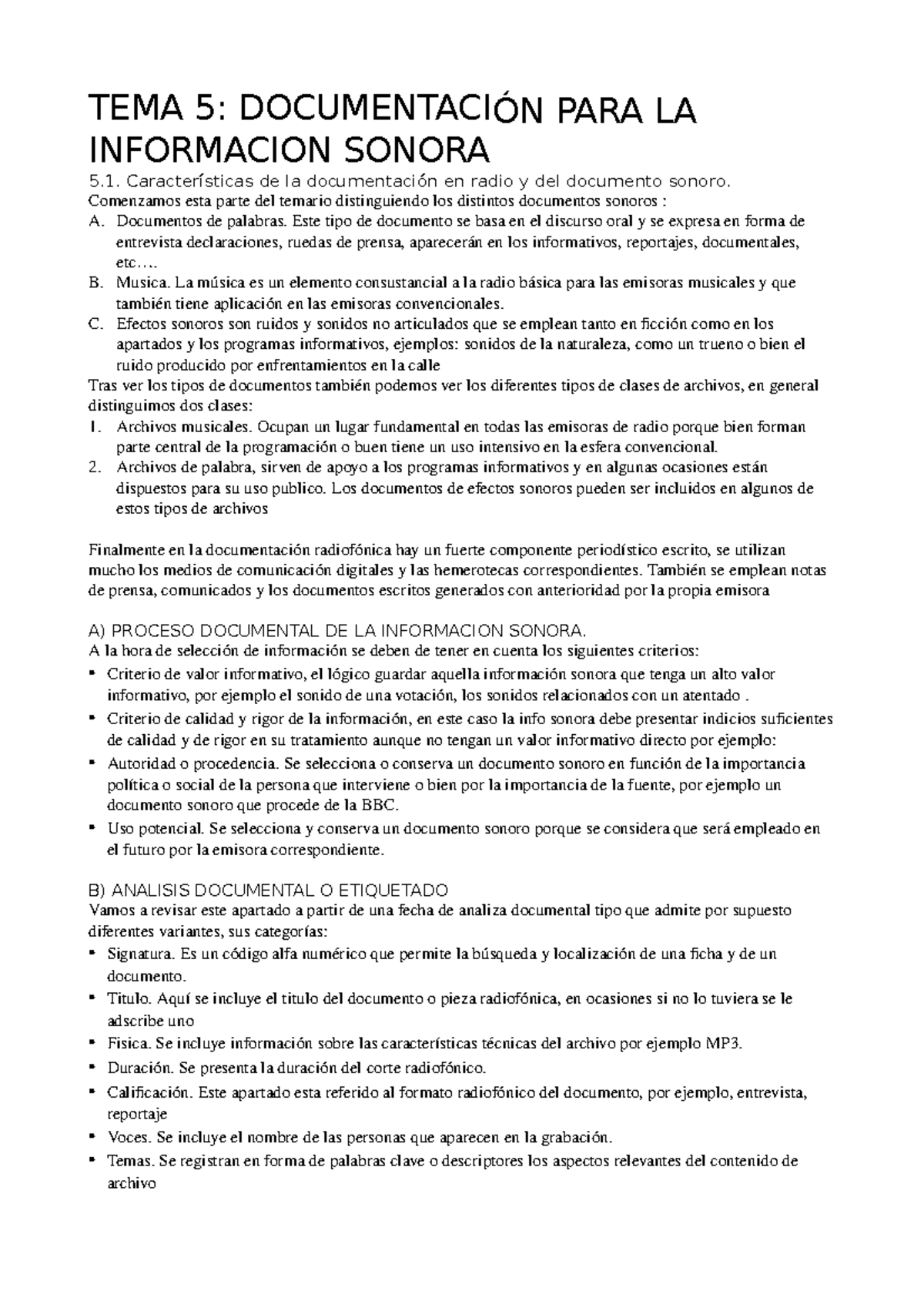 TEMA 5 Documentacion - TEMA 5: DOCUMENTACIÓN PARA LA INFORMACION SONORA Características de la ...