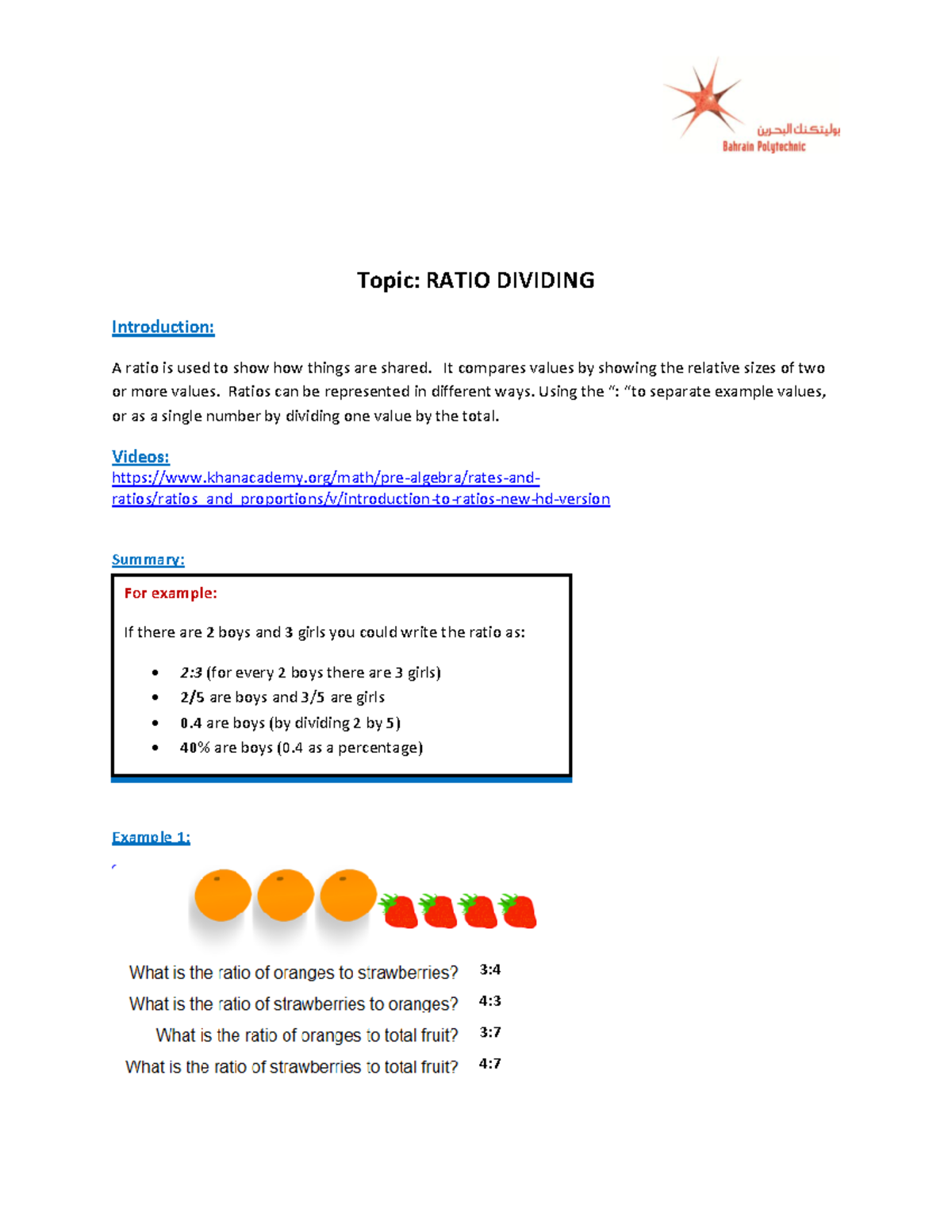 Ratio Dividing 1 R - Admission Test - Topic: RATIO DIVIDING ...