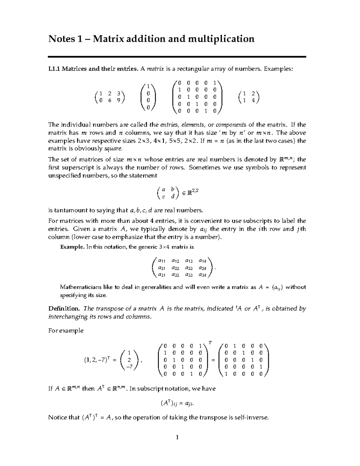 Note inglese - Appunti di lezione tutte - Notes 1 – Matrix addition and ...