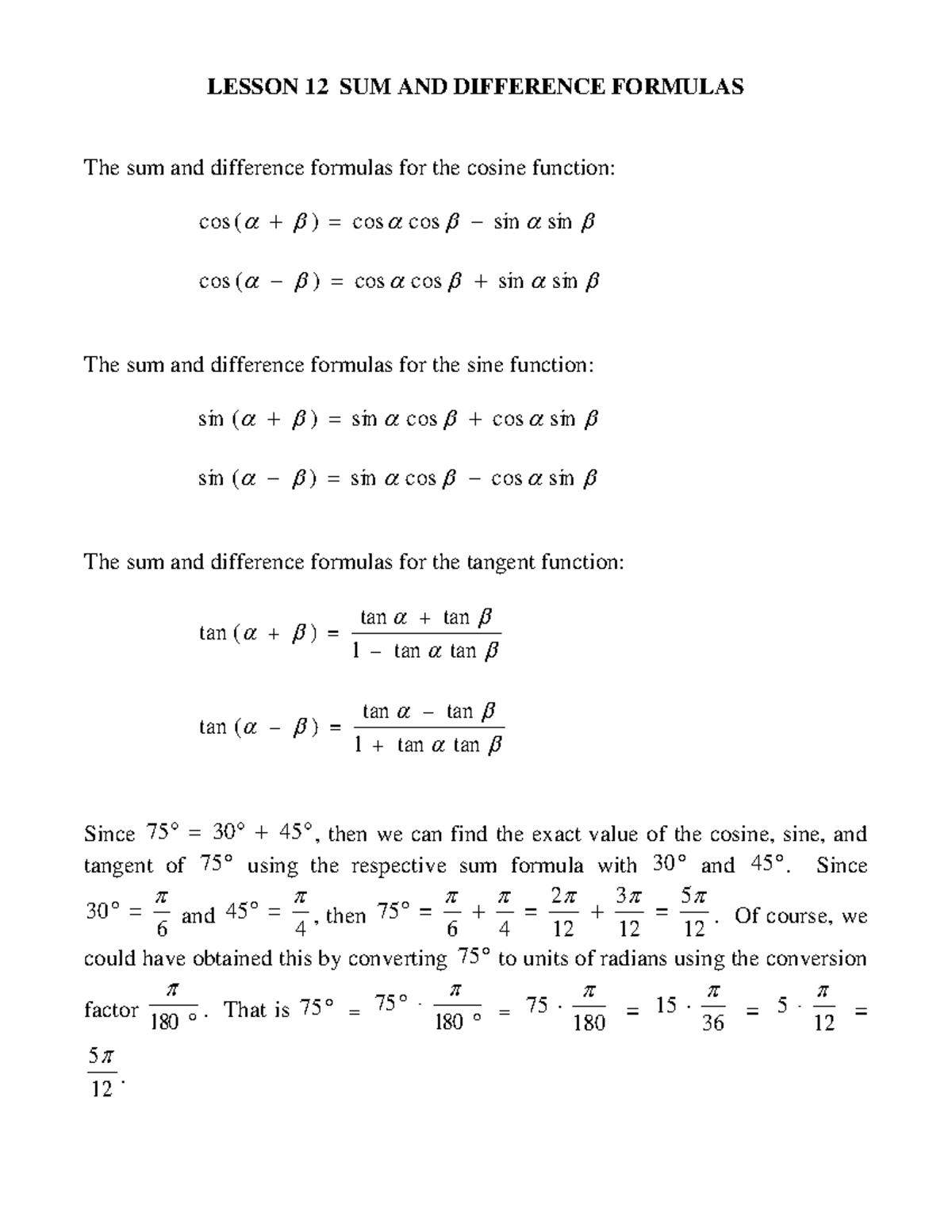 Sum And Difference Formulas For Trigonometric Functions Studocu