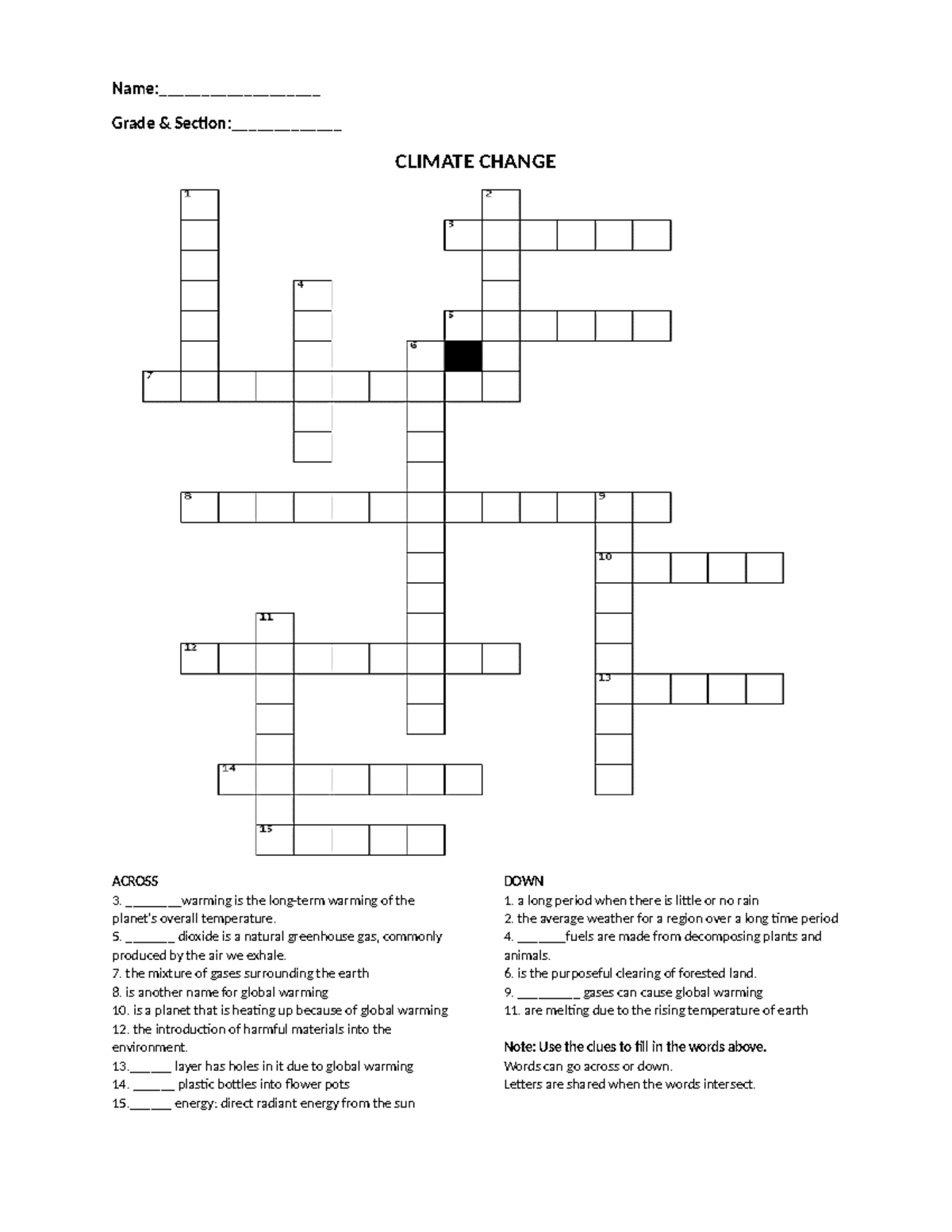 Climate Change Crossword Activity - Name:___________________ Grade ...