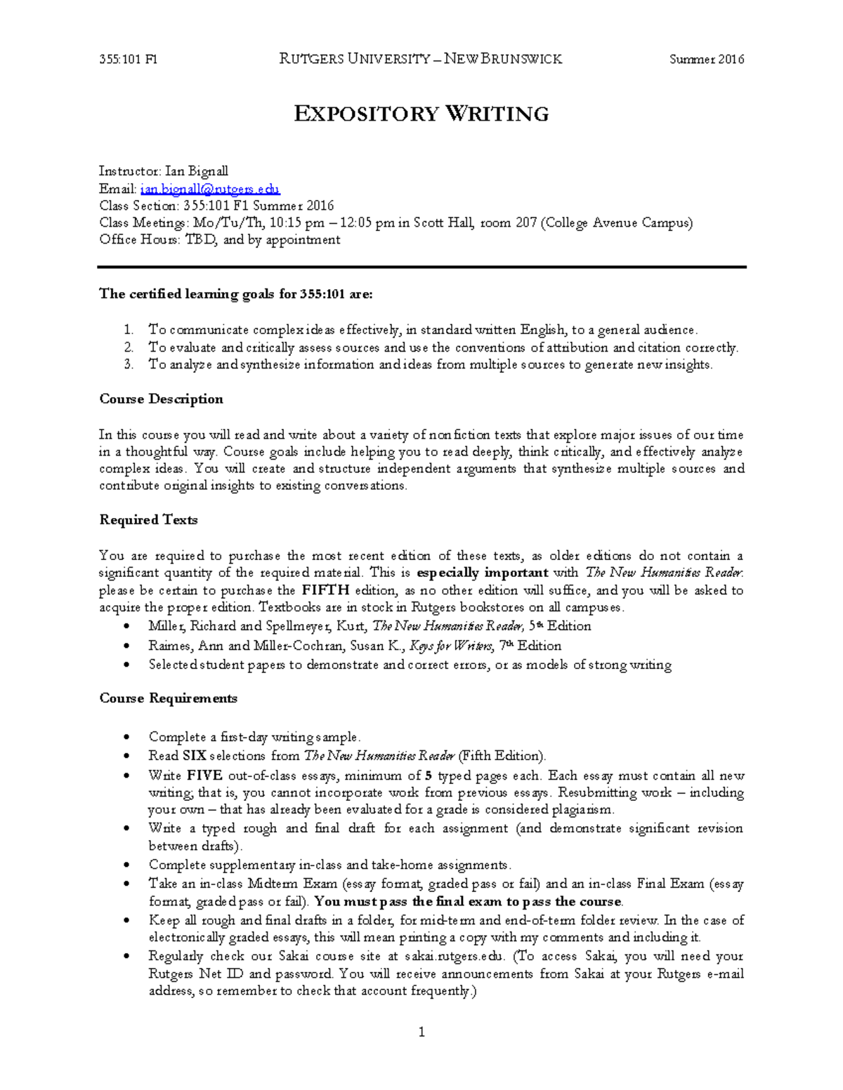 Expos Syllabus F1 Su16 Bignall - EXPOSITORY WRITING Instructor: Ian ...