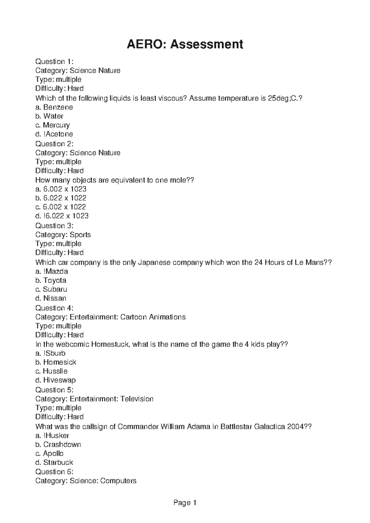 AERO258 Infomation 1 - AERO: Assessment Question 1: Category: Science ...