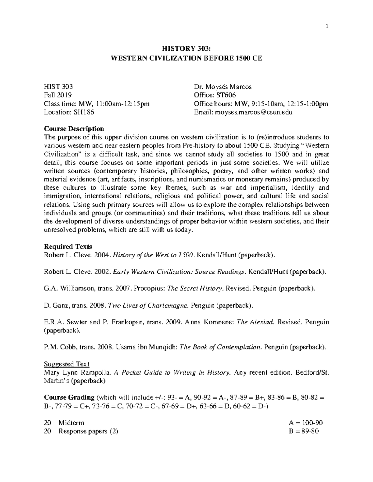 Marcos - HIST 303, Western Civ syllabus, Fall-1 - Warning: TT: undefined function: 32 HISTORY ...