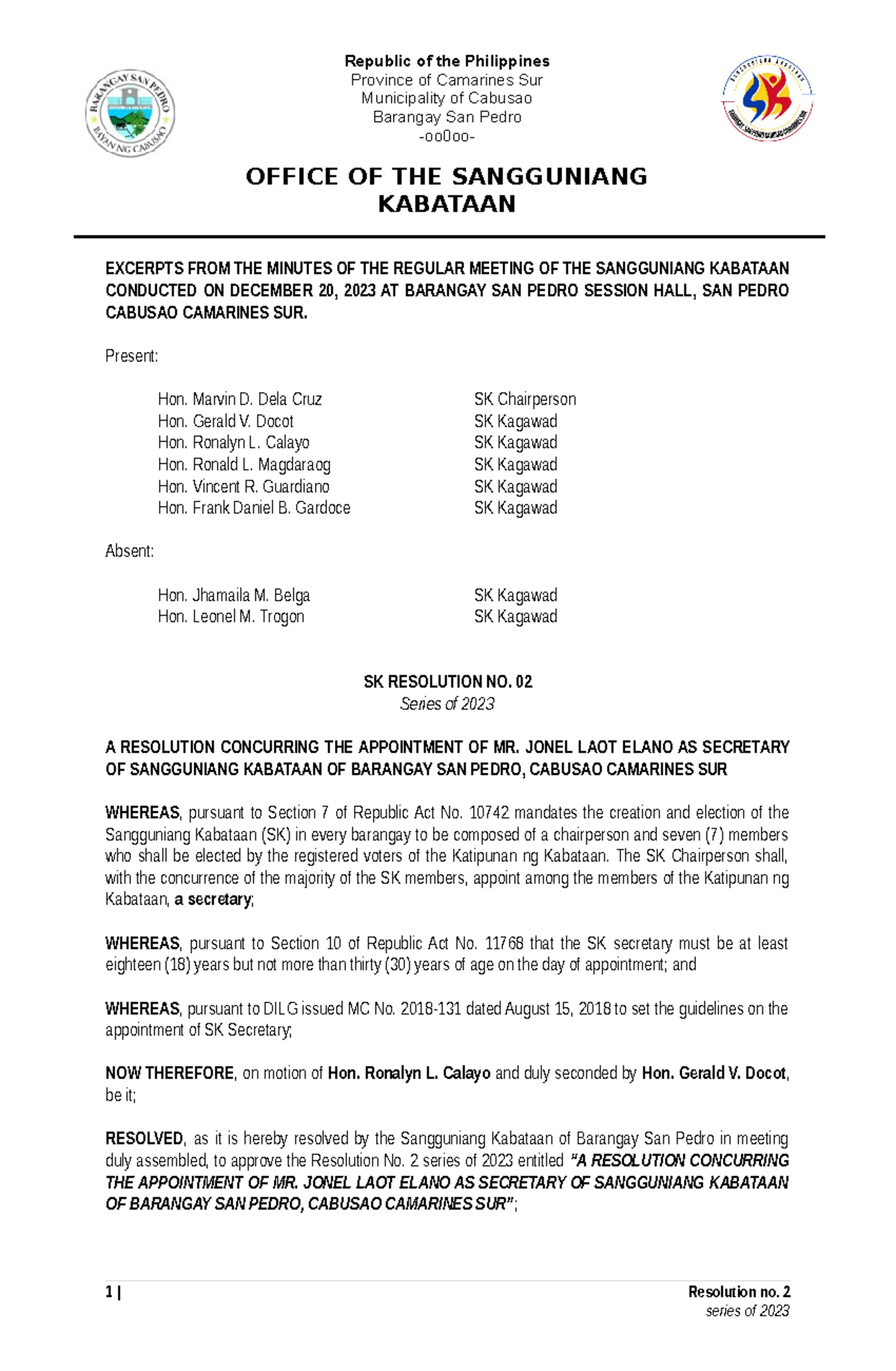 2023 02 Resolution Secretary - Republic of the Philippines Province of ...