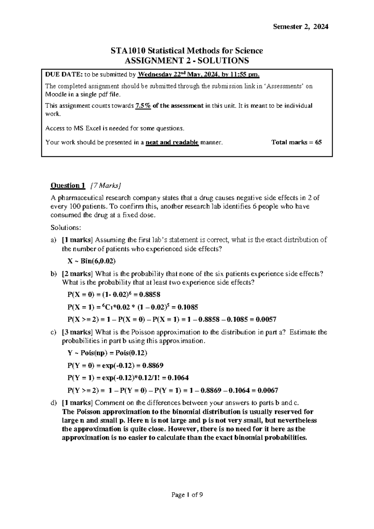 Assignment 2-S2-2024-solutions - STA1010 Statistical Methods for Science ASSIGNMENT 2 ...
