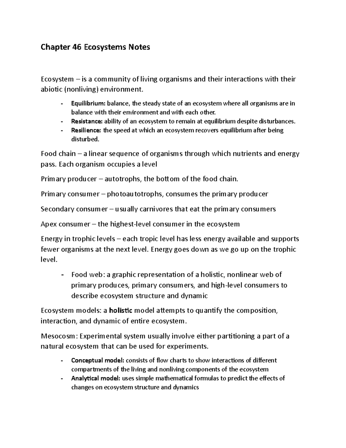 Ecosystems Notes - Chapter 46 Ecosystems Notes Ecosystem – is a ...