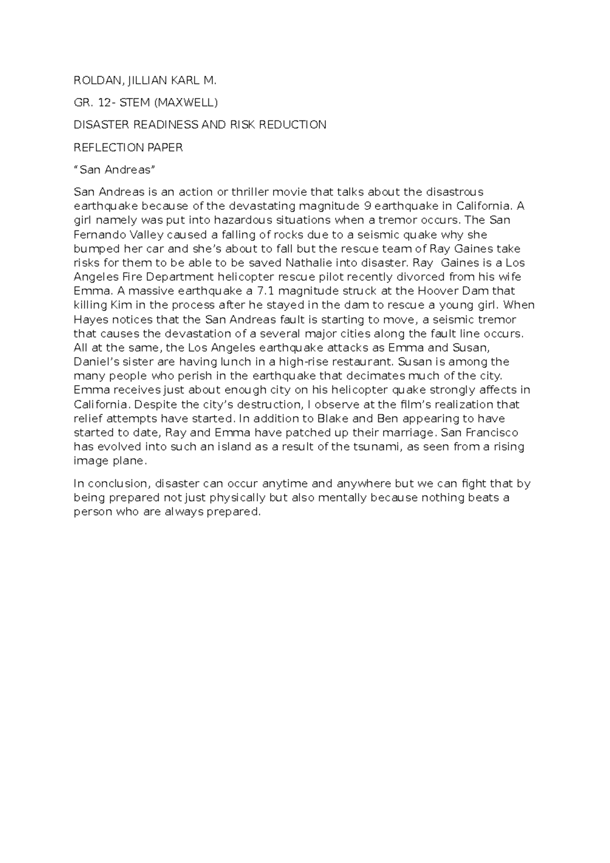 Reflection paper drrr jillian karl roldan - ROLDAN, JILLIAN KARL M. GR ...