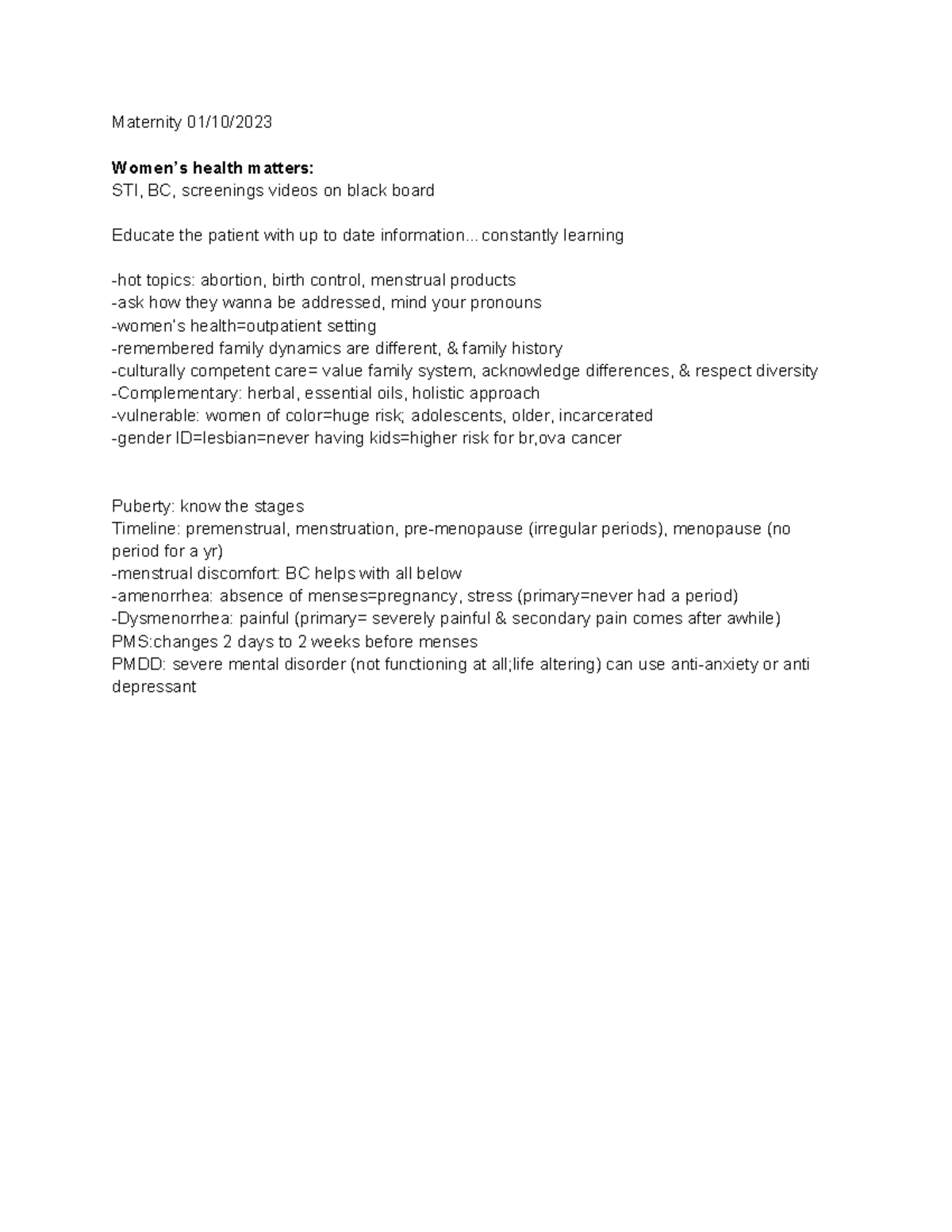 Maternity notes - Maternity 01/10/ Women’s health matters: STI, BC ...