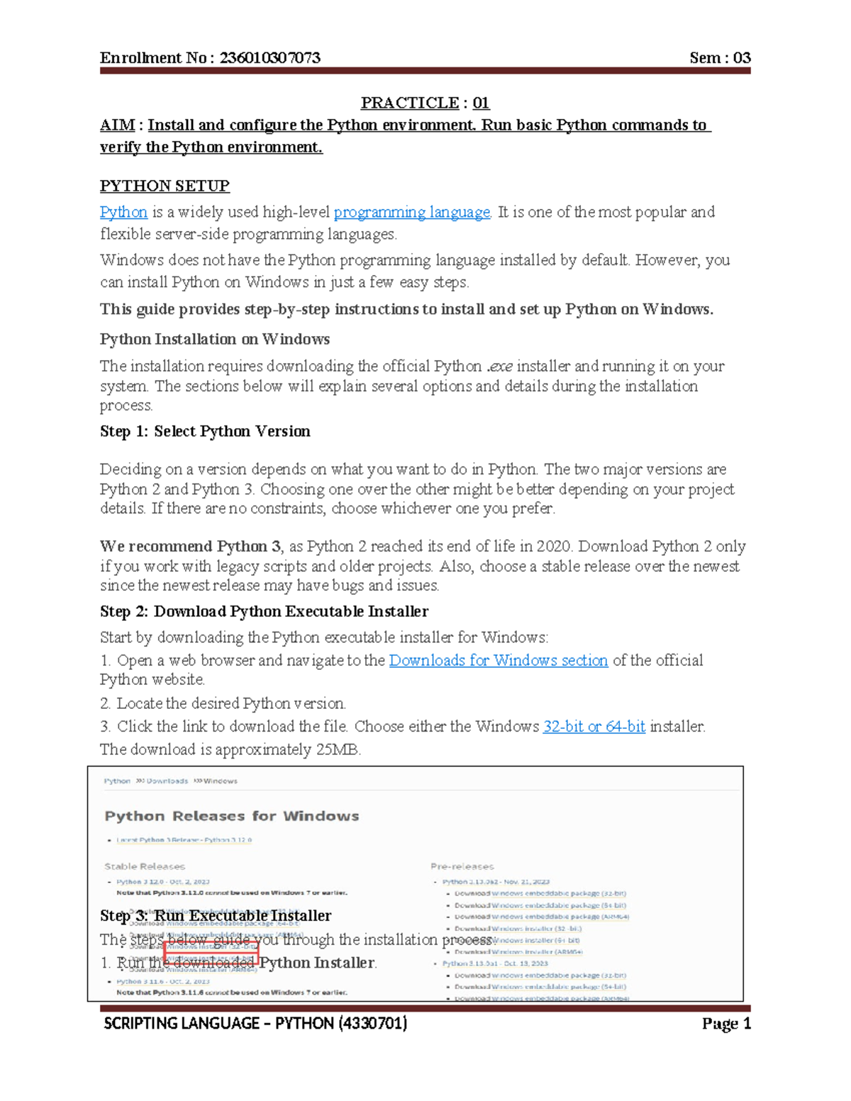 Fp. python - thanks - PRACTICLE : 01 AIM : Install and configure the Python environment. Run ...