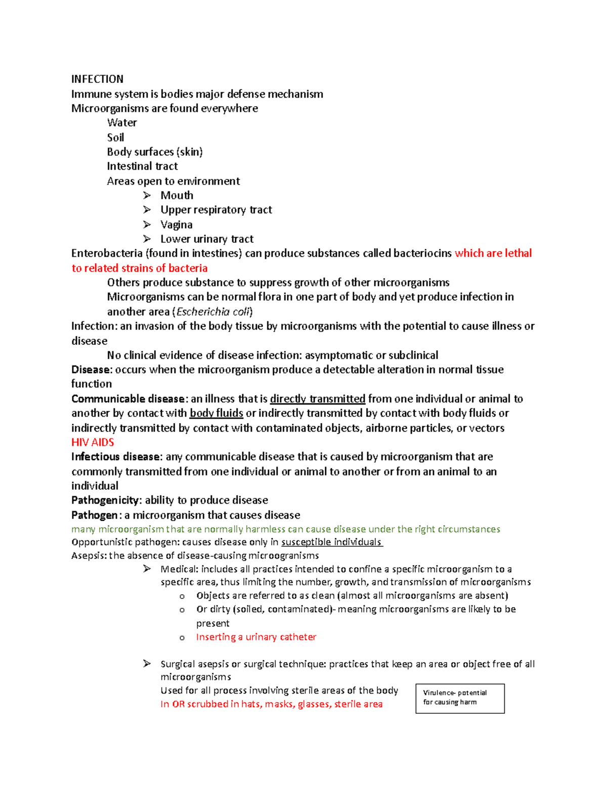 Infection - Notes - INFECTION Immune system is bodies major defense ...