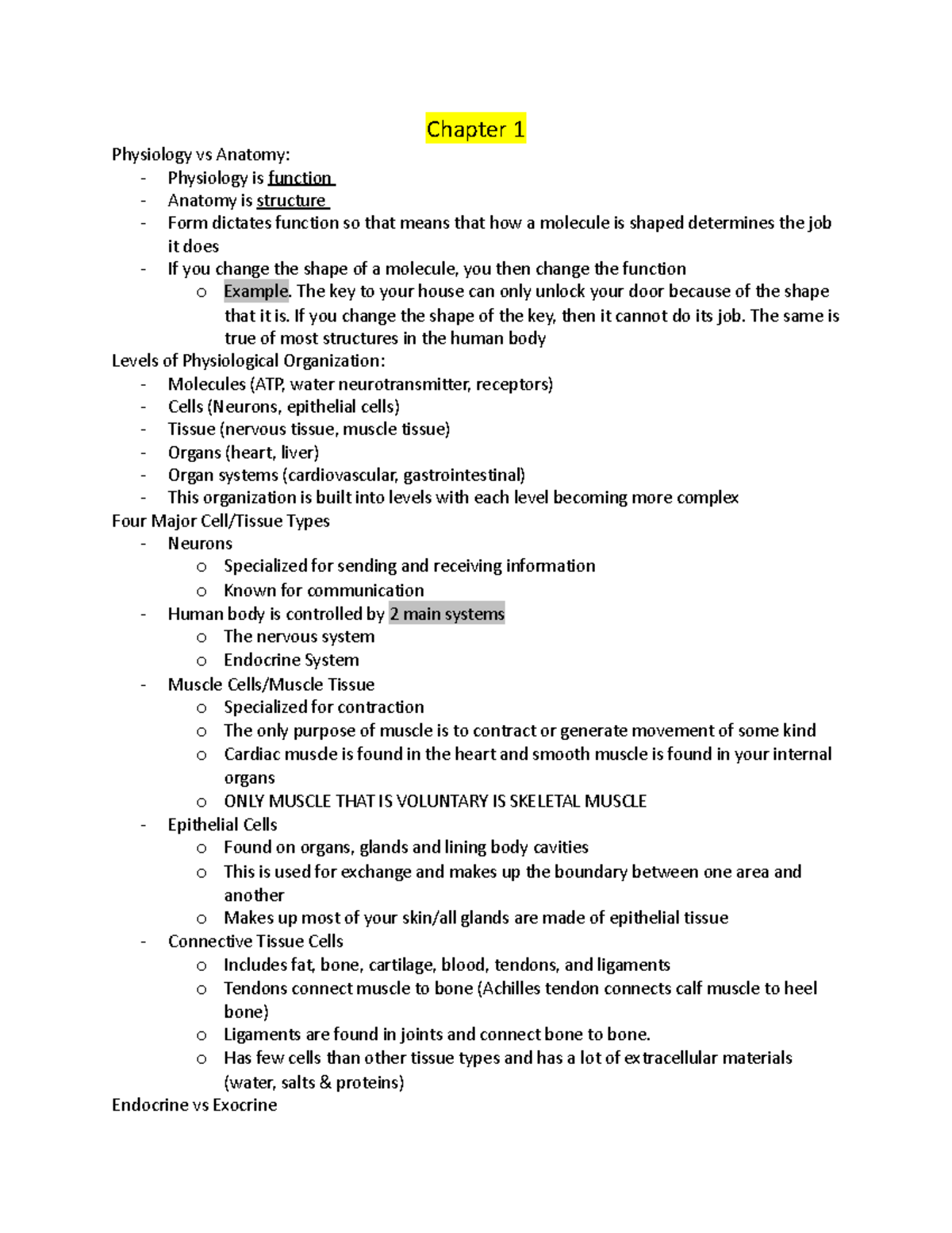 Biol Exam 1 - Notes from lecture - Chapter 1 Physiology vs Anatomy ...