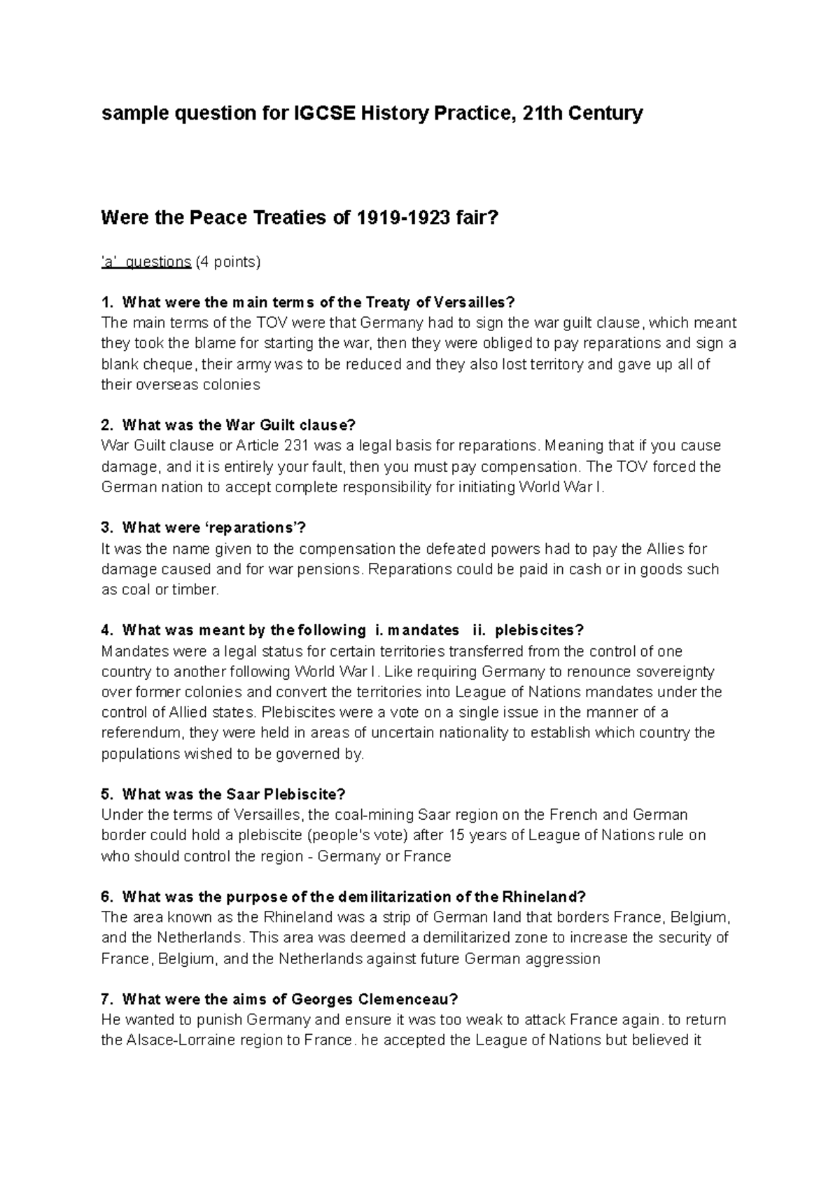 Igcse Sample Questions History, question from Part 1 (a,b,c) with ...