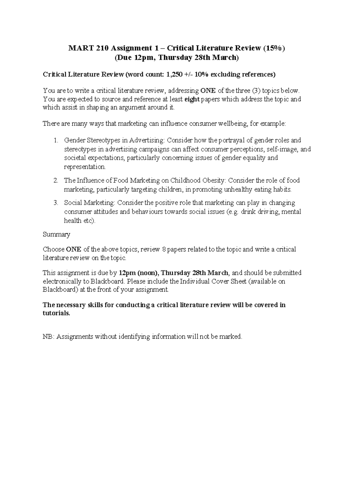 MART 210 Assignment 1 2024 - MART 210 Assignment 1 – Critical ...