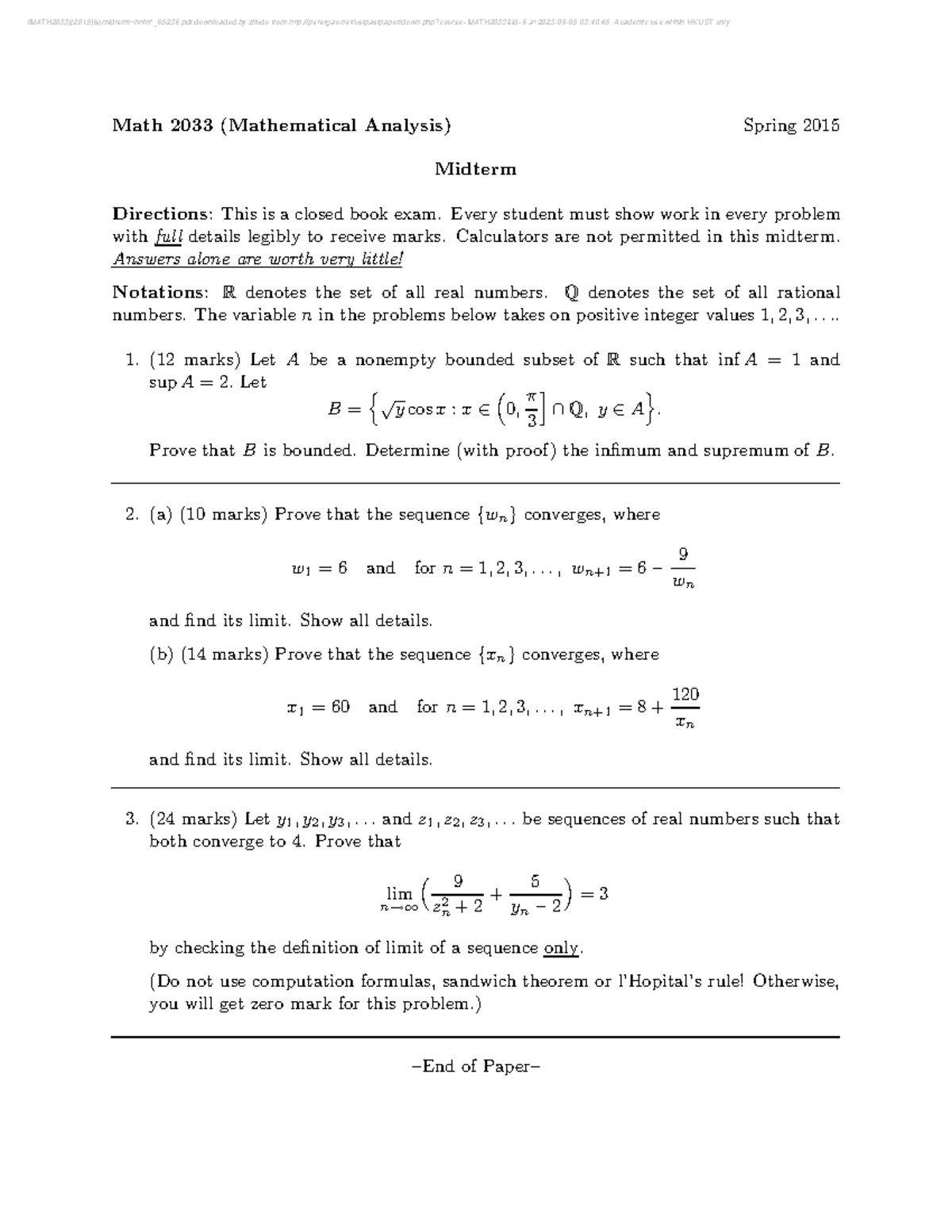 (MATH2033)[2015 ](s)midterm~hrtin^ 65236 - Math 2033 (Mathematical Analysis) Spring 2015 Midterm ...
