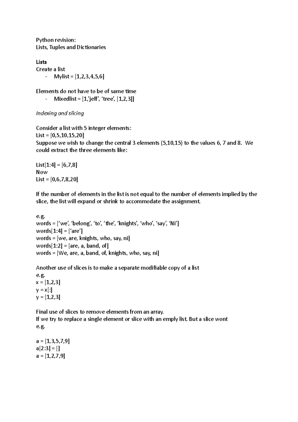 Comp 1531 Notes - Python revision: Lists, Tuples and Dictionaries Lists ...
