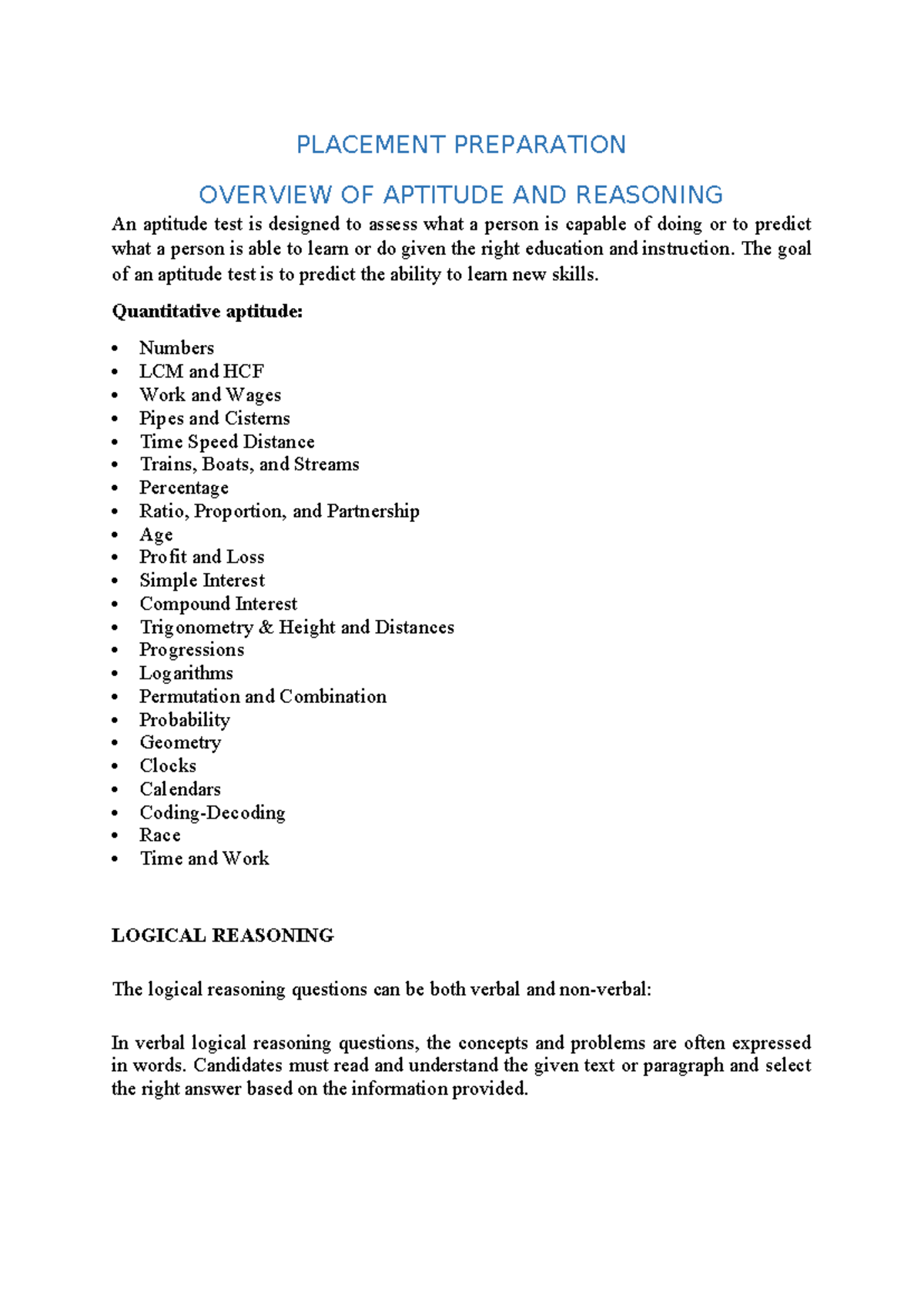 Aptitude - PLACEMENT PREPARATION OVERVIEW OF APTITUDE AND REASONING An ...