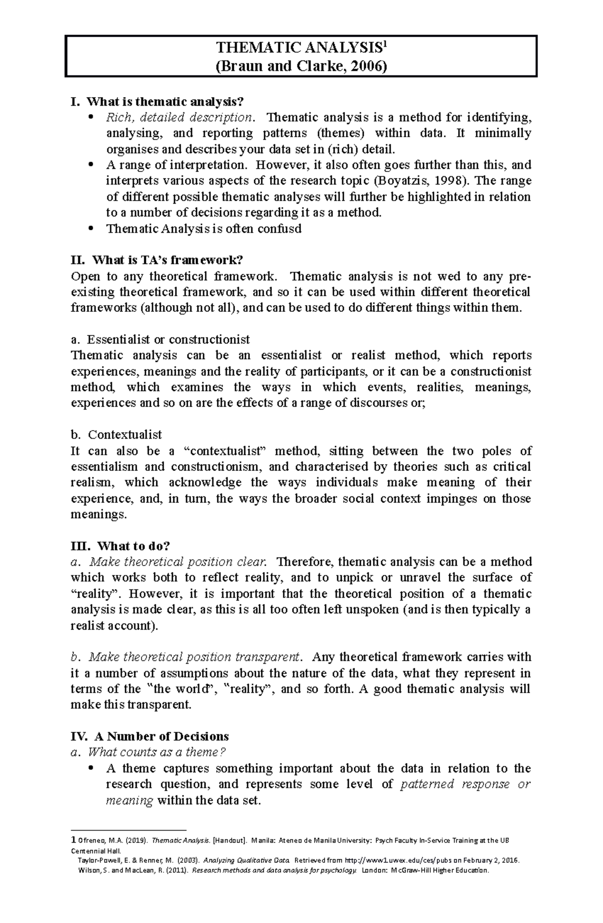 Thematic Analysis - THEMATIC ANALYSIS 1 (Braun and Clarke, 2006) I ...